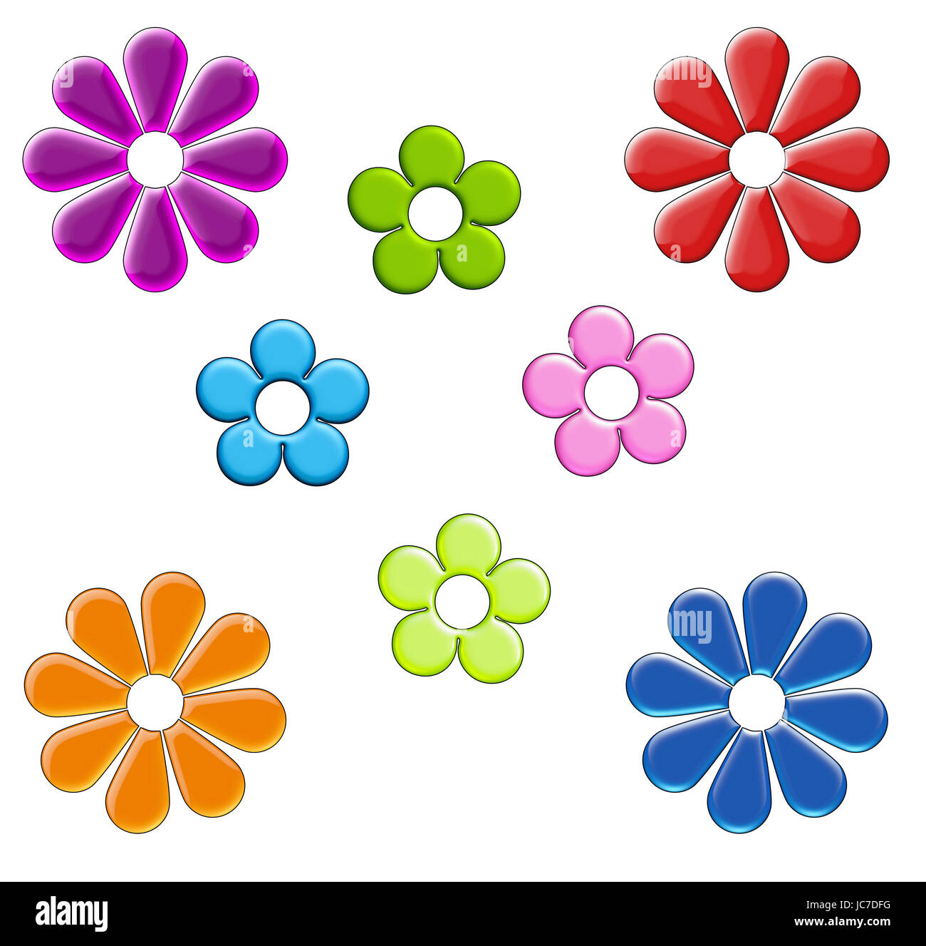 A collection of various size, color, and shape flowers on white Stock ...