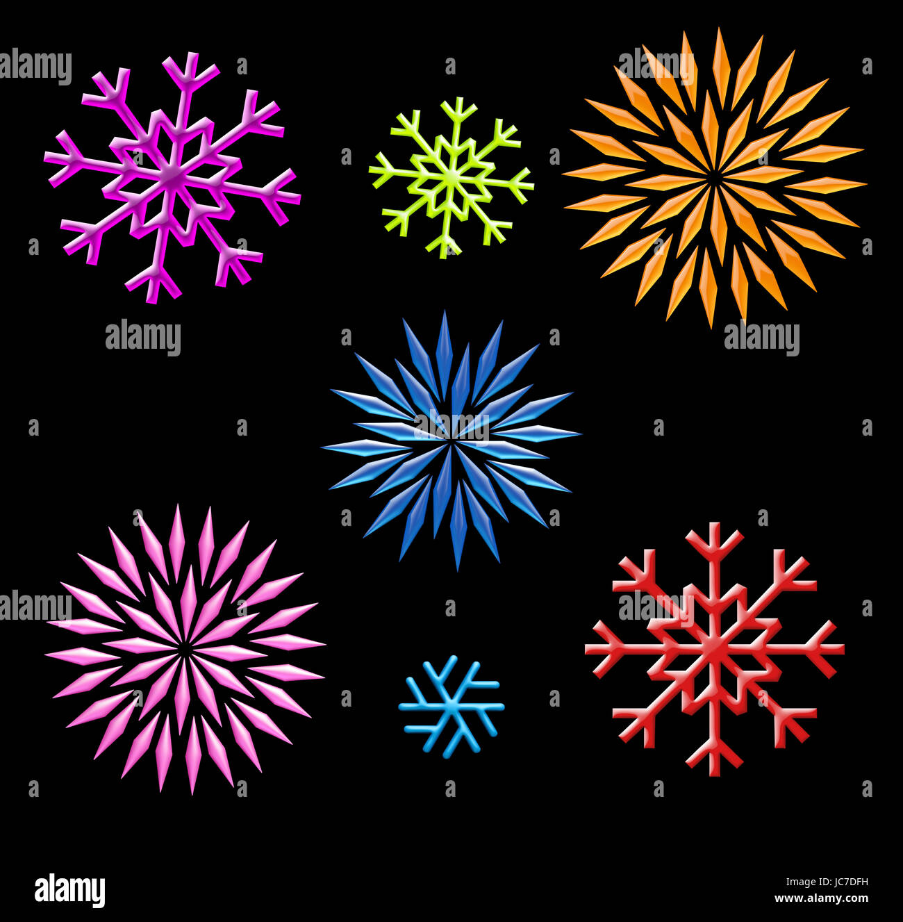 A collection of various size , color, and shape snowflakes on black ...