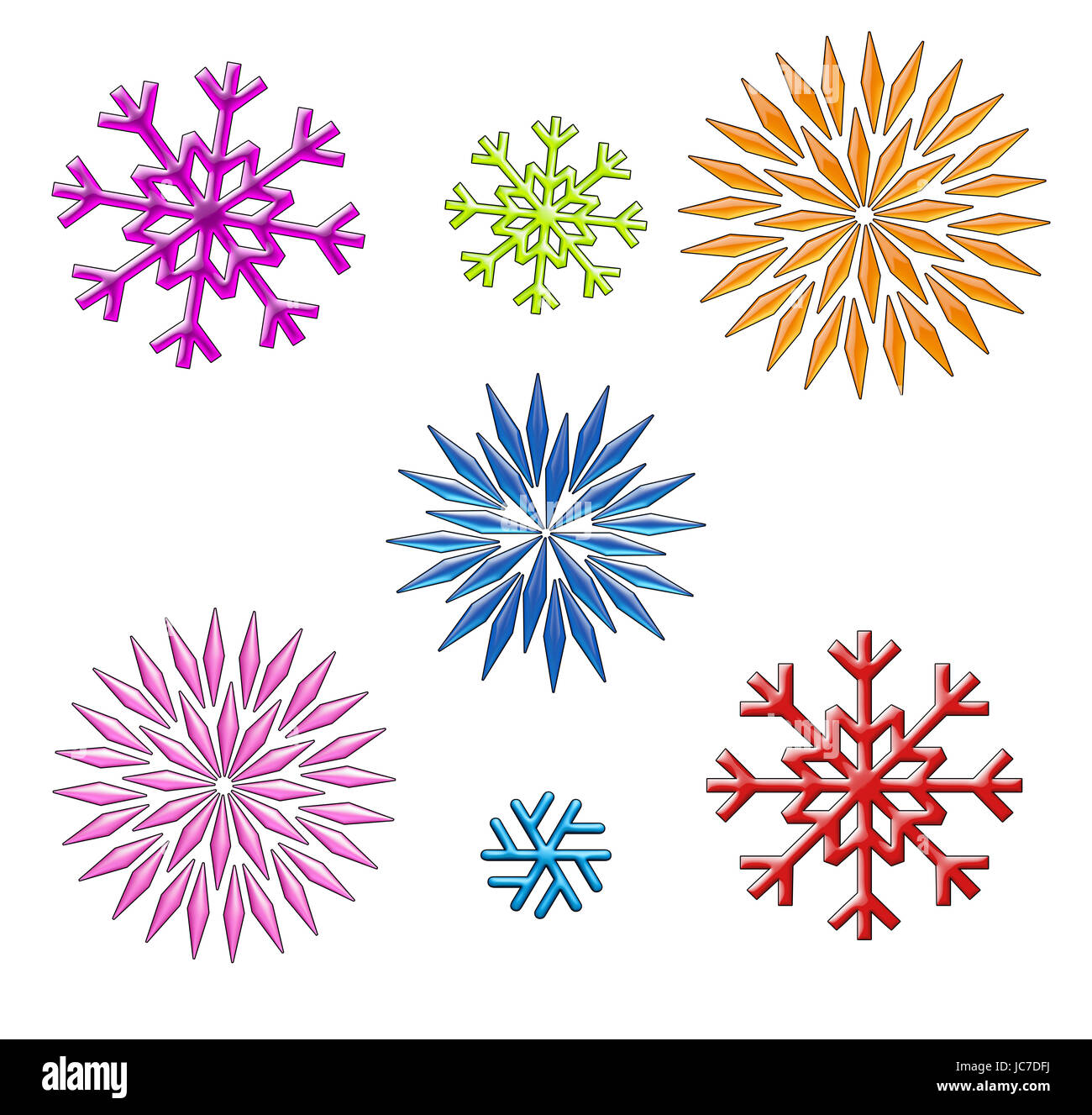 A collection of various size , color, and shape snowflakes on white ...