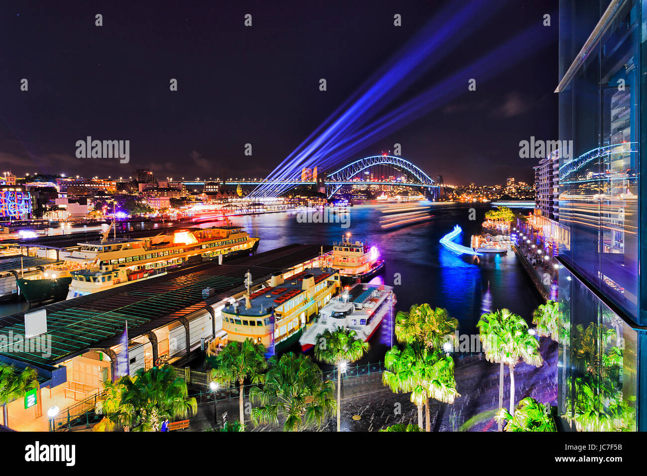 Circular quay, the Rocks and Sydney harbour from elevated lookout ...