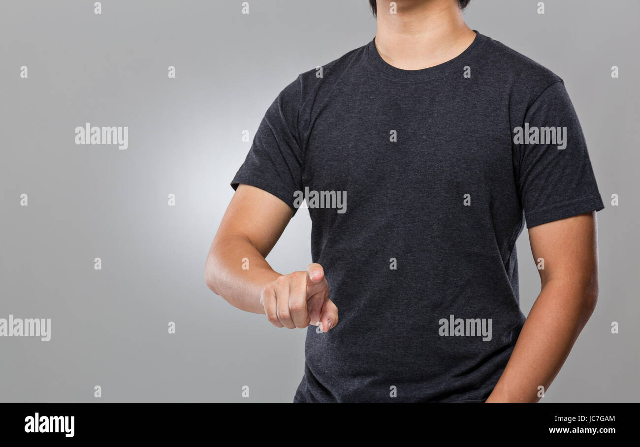 Man click on imaginary panel Stock Photo - Alamy