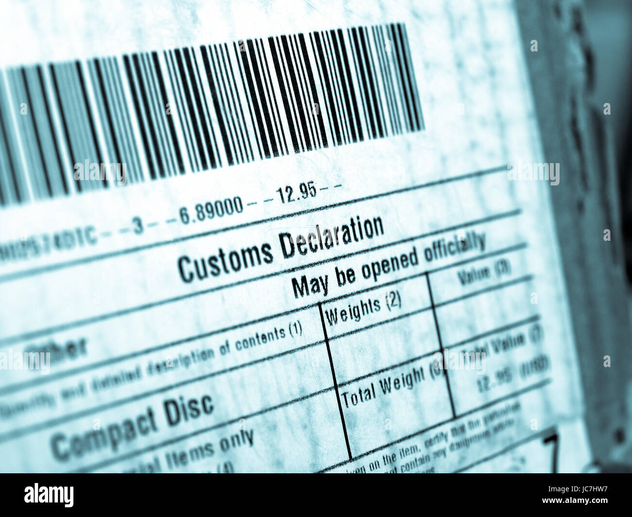 Customs declaration on a foreign packet parcel - cool cyanotype Stock ...