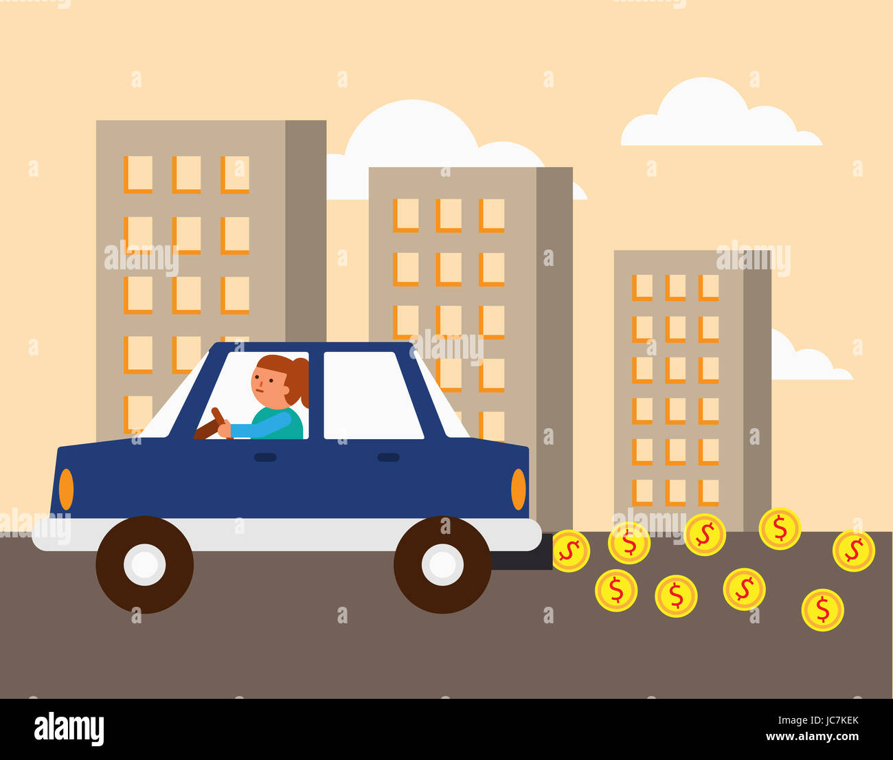 Woman driving a car with money against buildings Stock Photo - Alamy