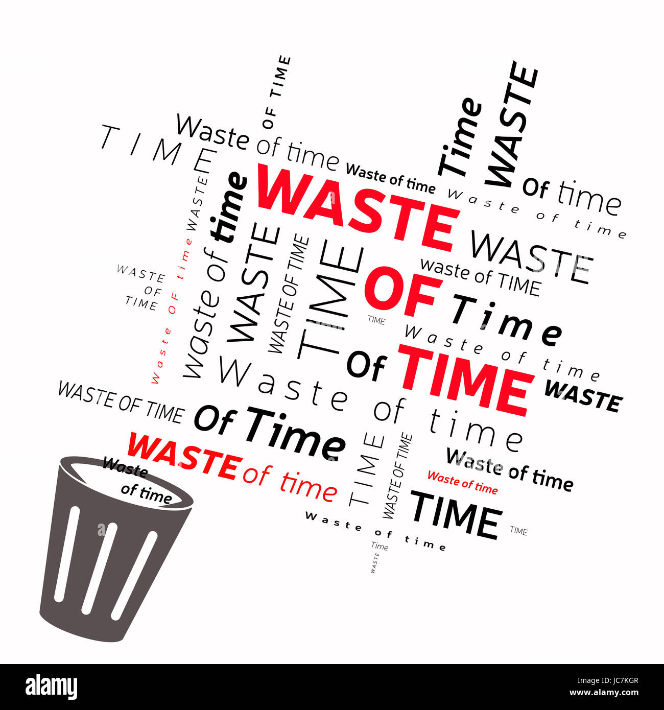 Waste of time concept: trash bin and word cloud on white background ...