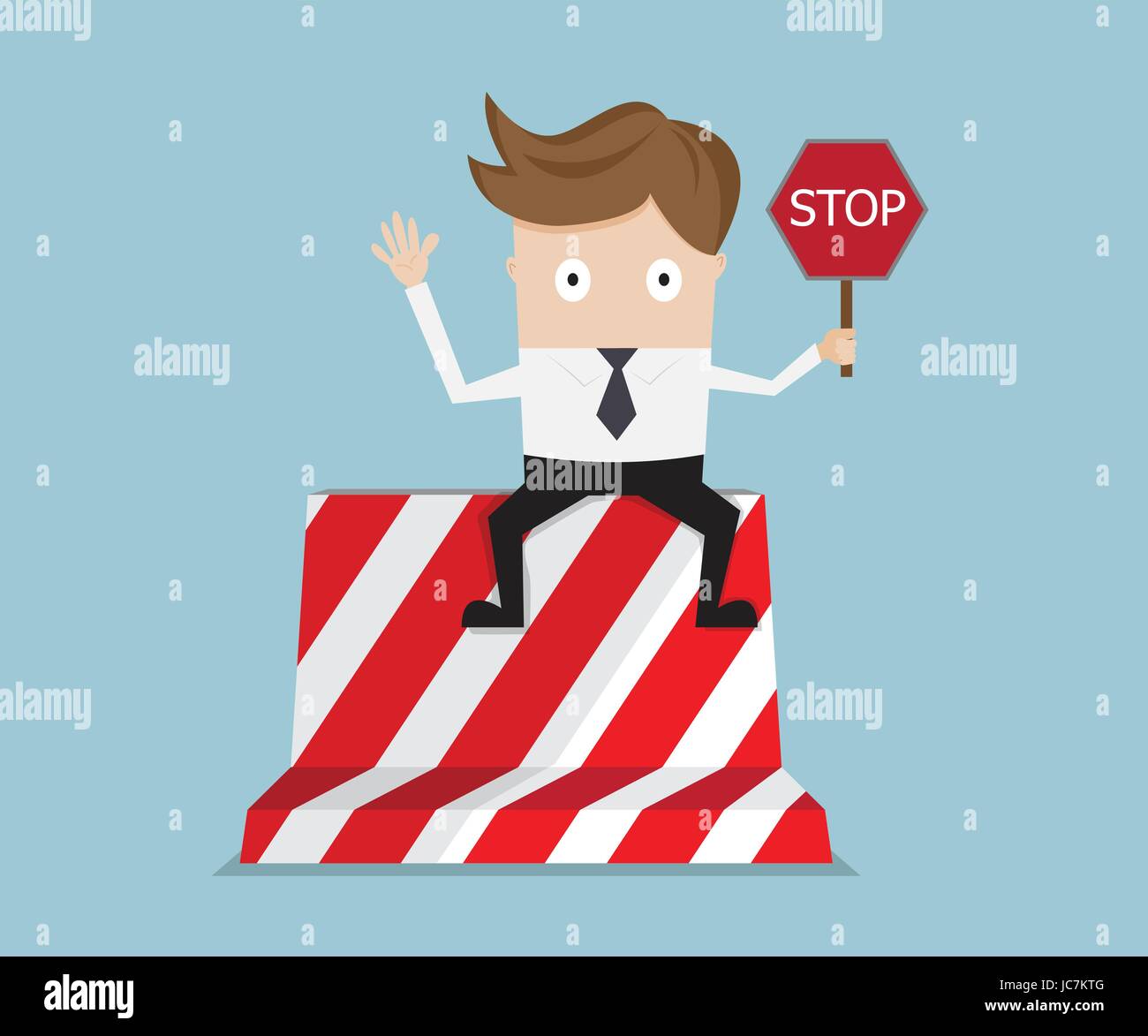 businessman sitting on road barrier and holding stop sign vector ...