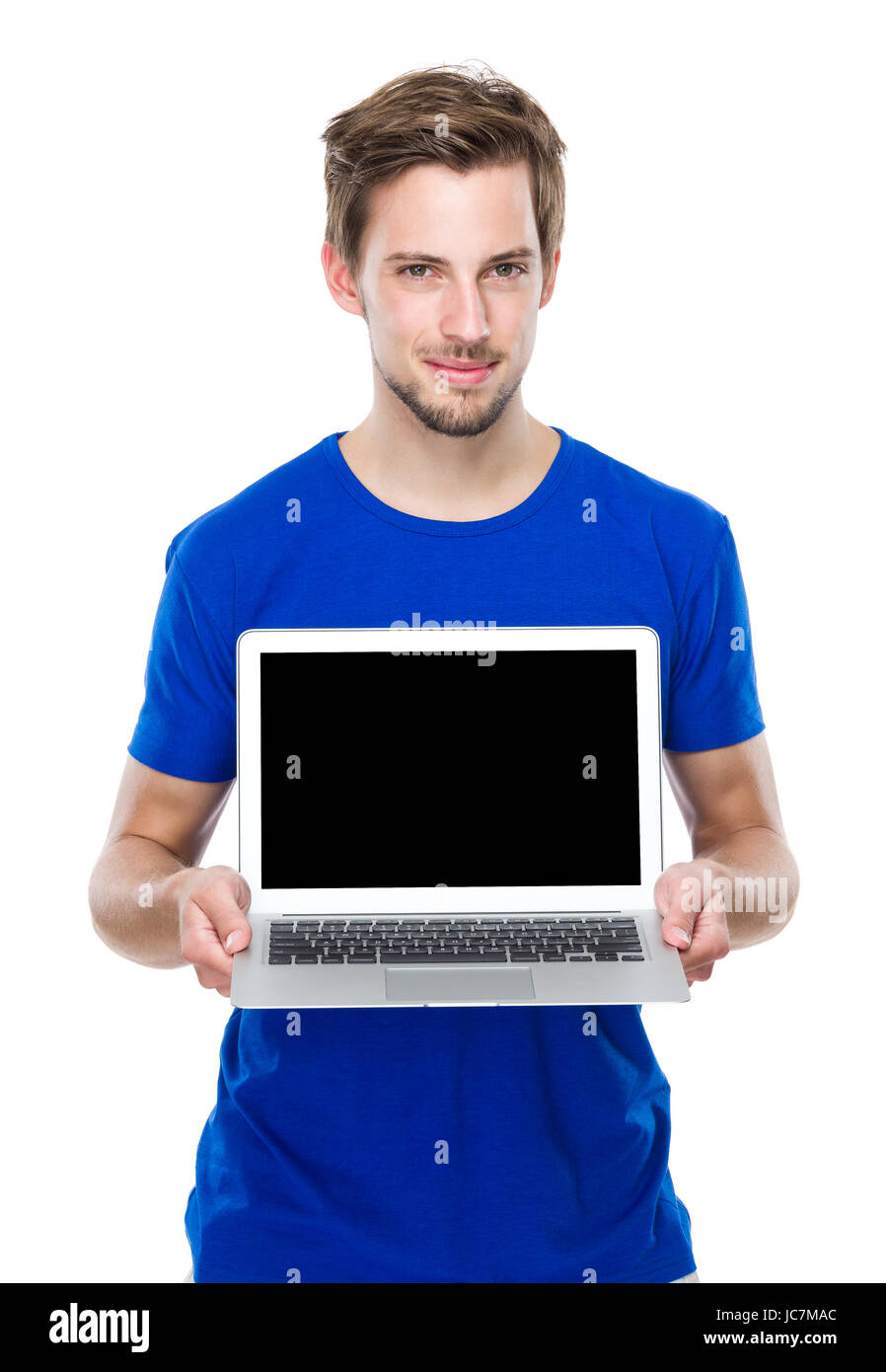 Man show with laptop computer Stock Photo - Alamy