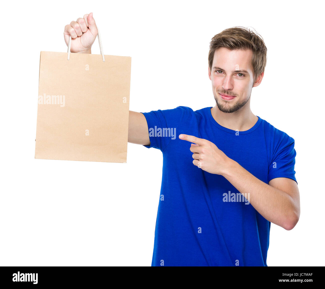 Man finger point to the shopping bag Stock Photo - Alamy