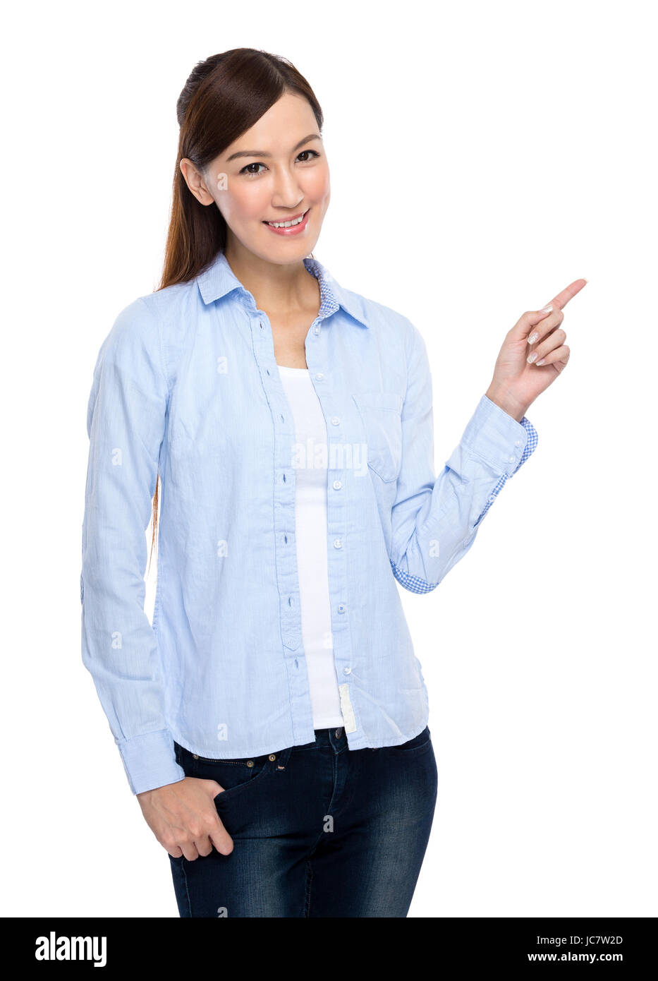 Woman with finger up Stock Photo - Alamy