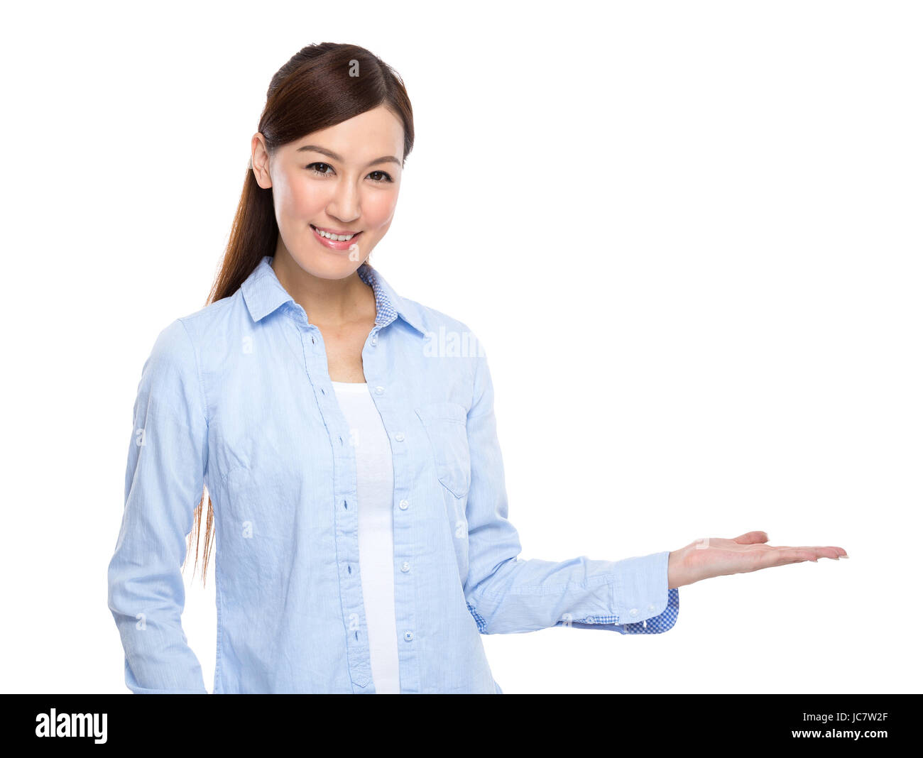 Woman with hand presentation Stock Photo - Alamy