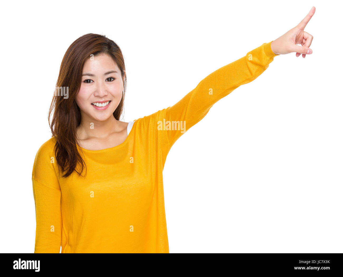 Woman finger point up Stock Photo - Alamy