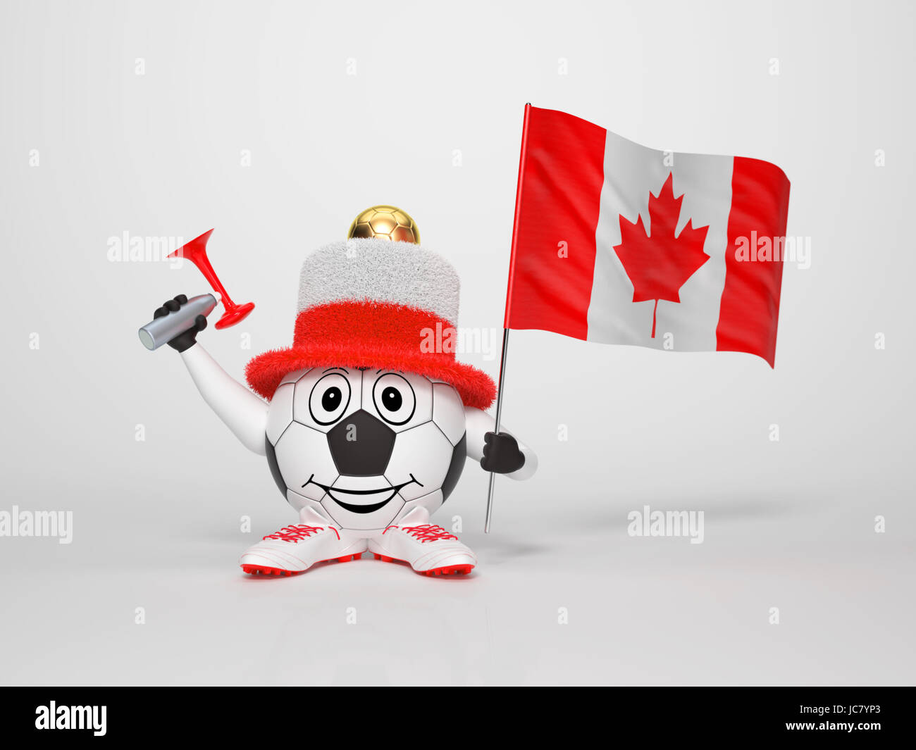 A cute and funny soccer character holding the national flag of Canada ...