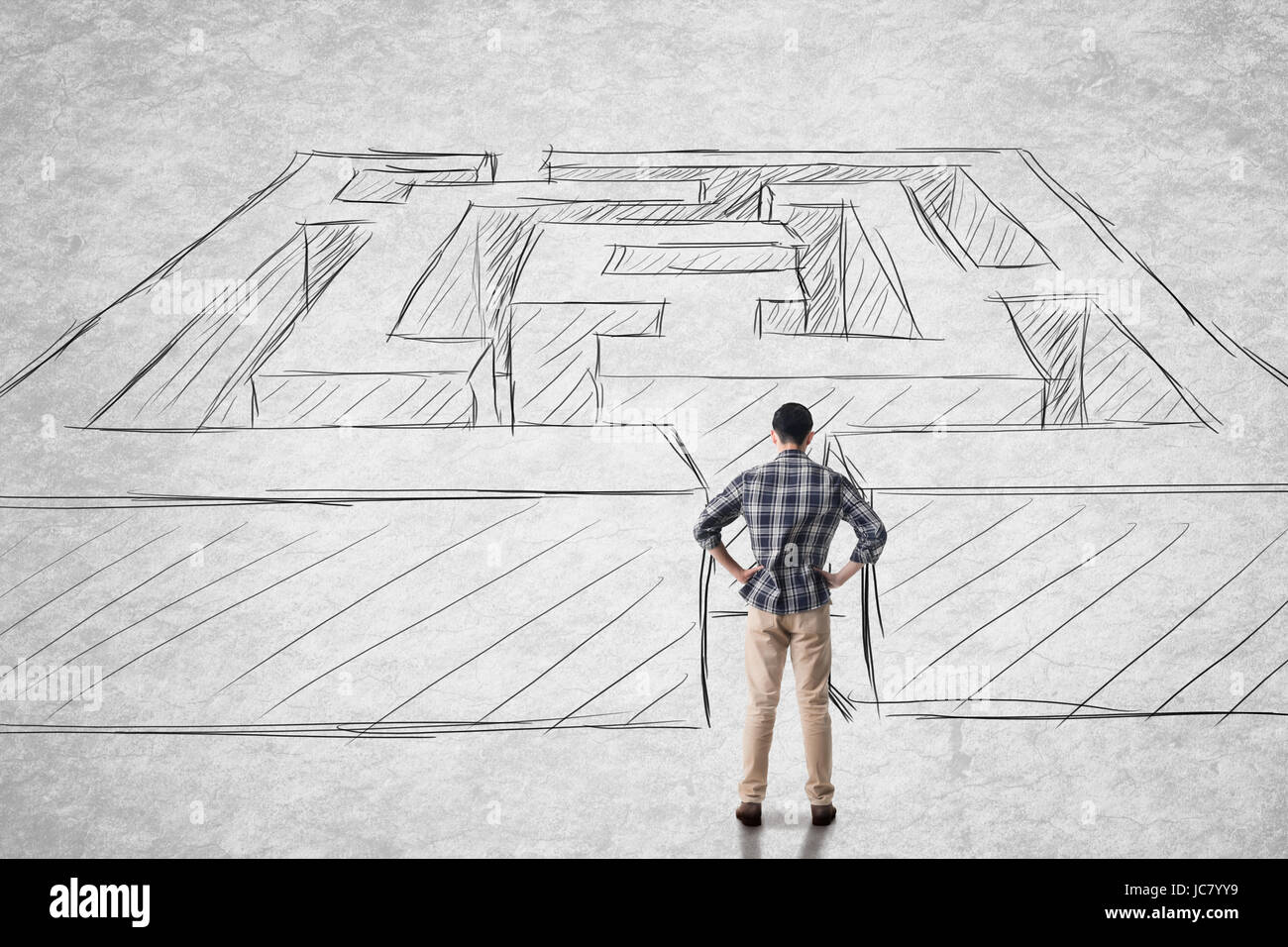 Asian man stand in front of a maze. Photo compilation with hand drawn ...