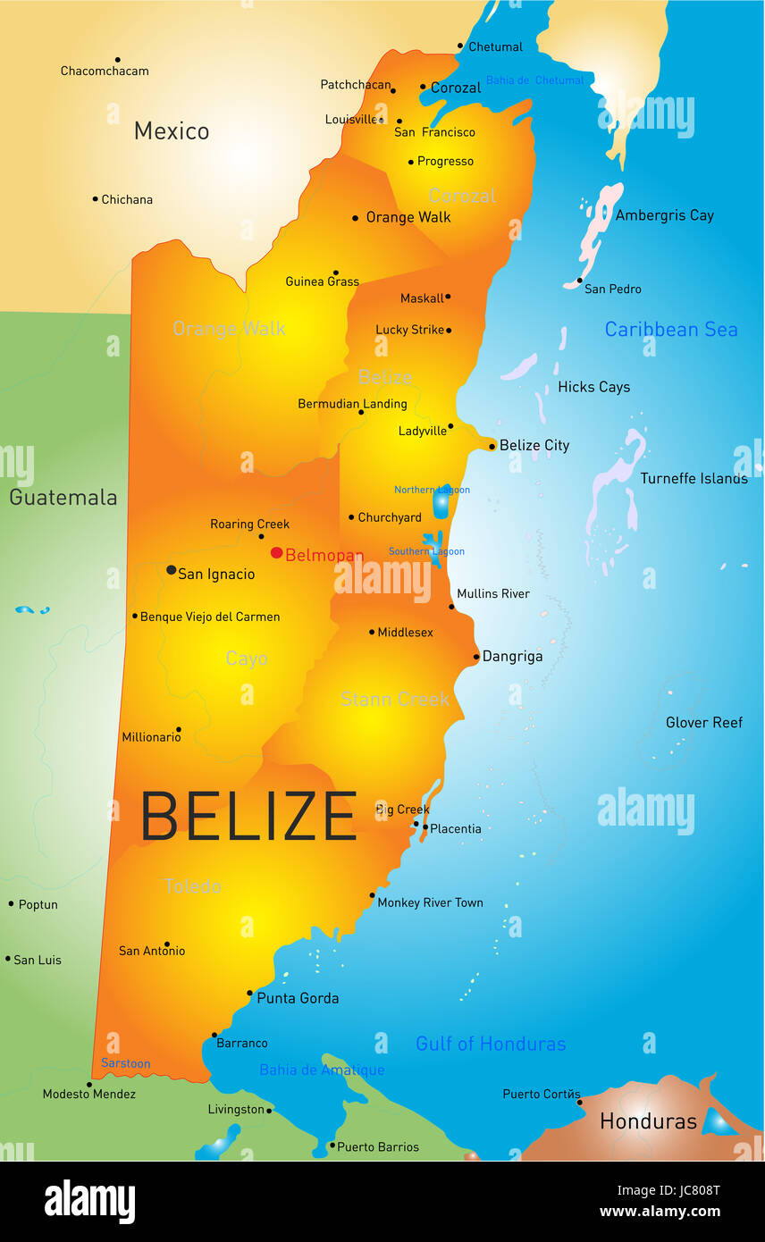Vector map of Belize with the capital and cities Stock Photo - Alamy