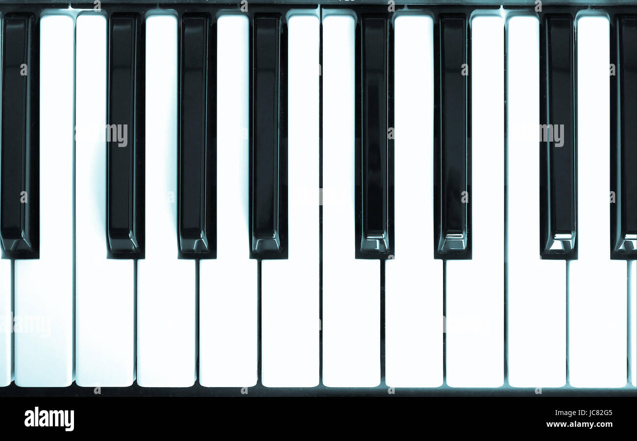 Detail of black and white keys on music keyboard - cool cyanotype Stock ...