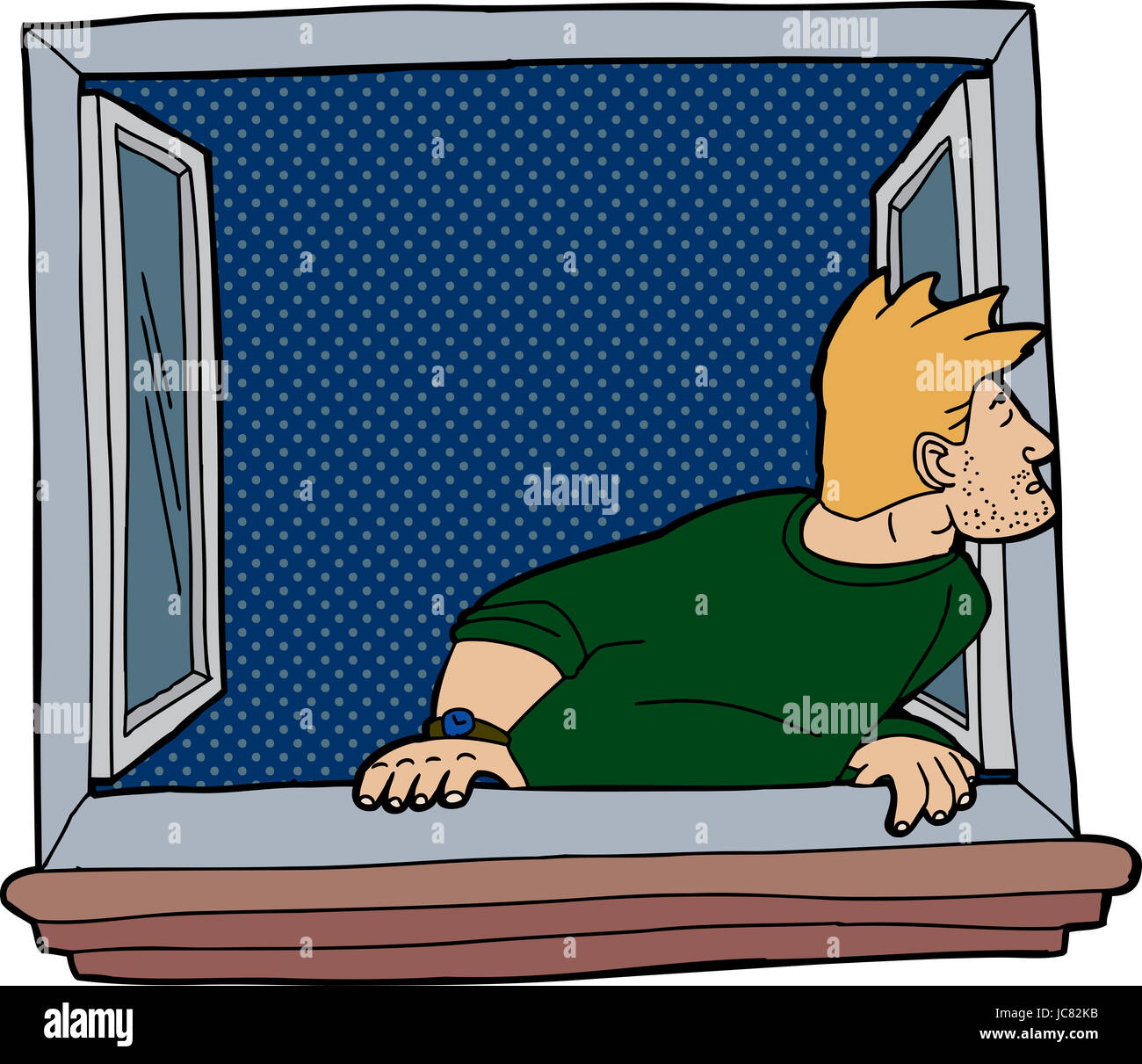 Isolated cartoon of blond man looking outside window Stock Photo - Alamy