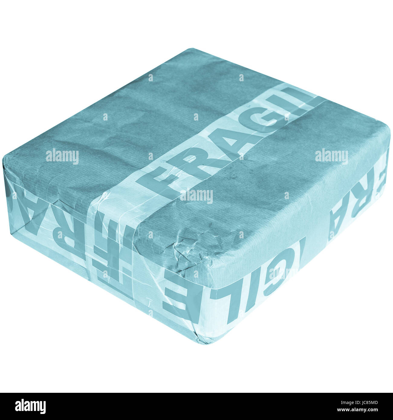 Fragile corrugated cardboard packet isolated on white - cool cyanotype Stock Photo - Alamy