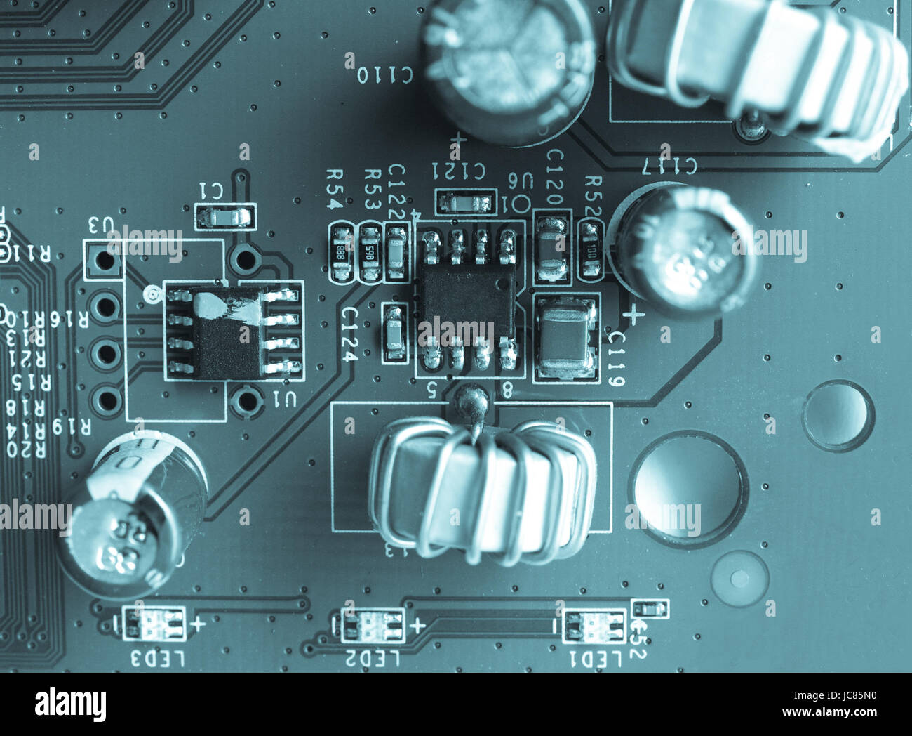 Detail of an electronic printed circuit board - cool cyanotype Stock ...