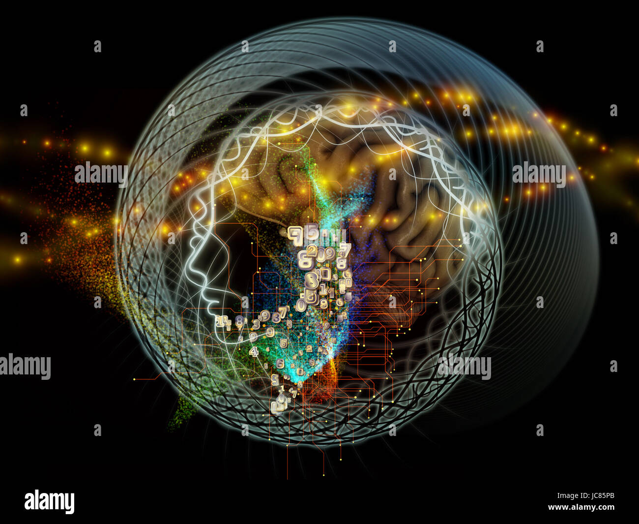 Human Mind series. Creative arrangement of brain, human outlines and ...
