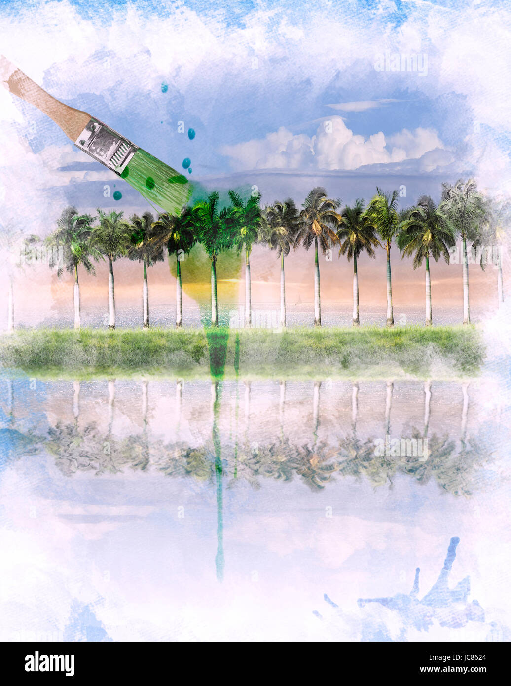 Watercolor Digital Painting Of Palm Trees Near The Ocean Stock Photo ...