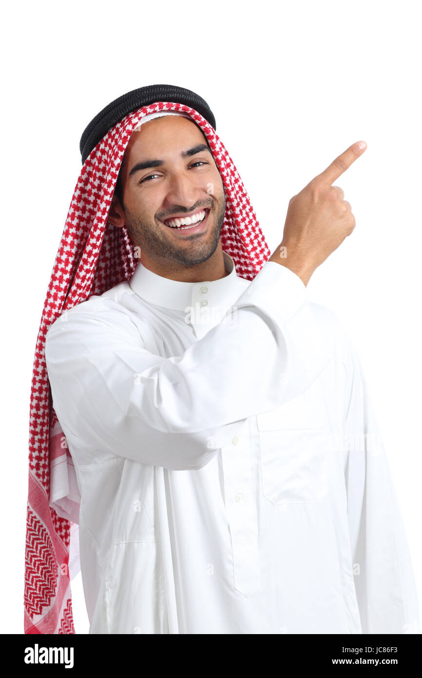 Arab saudi promoter man pointing at side isolated on a white background ...