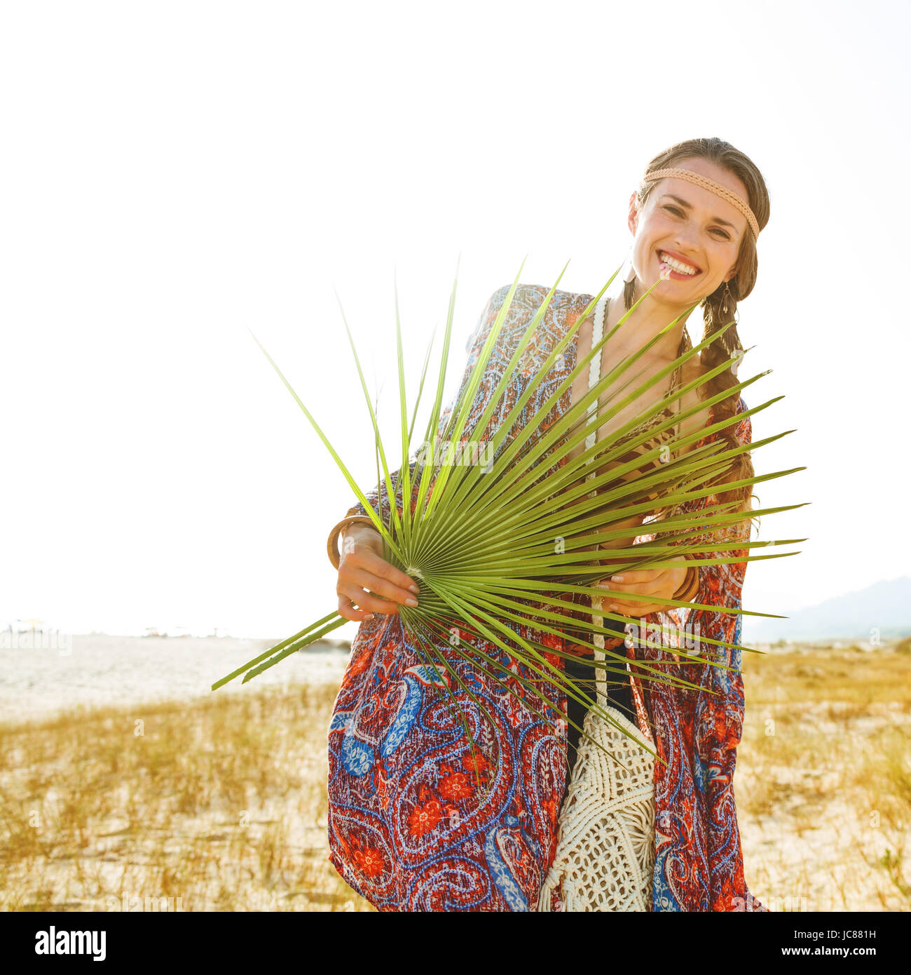 Bohemian vibe vacation. happy trendy bohemian chic in jeans shorts and ...