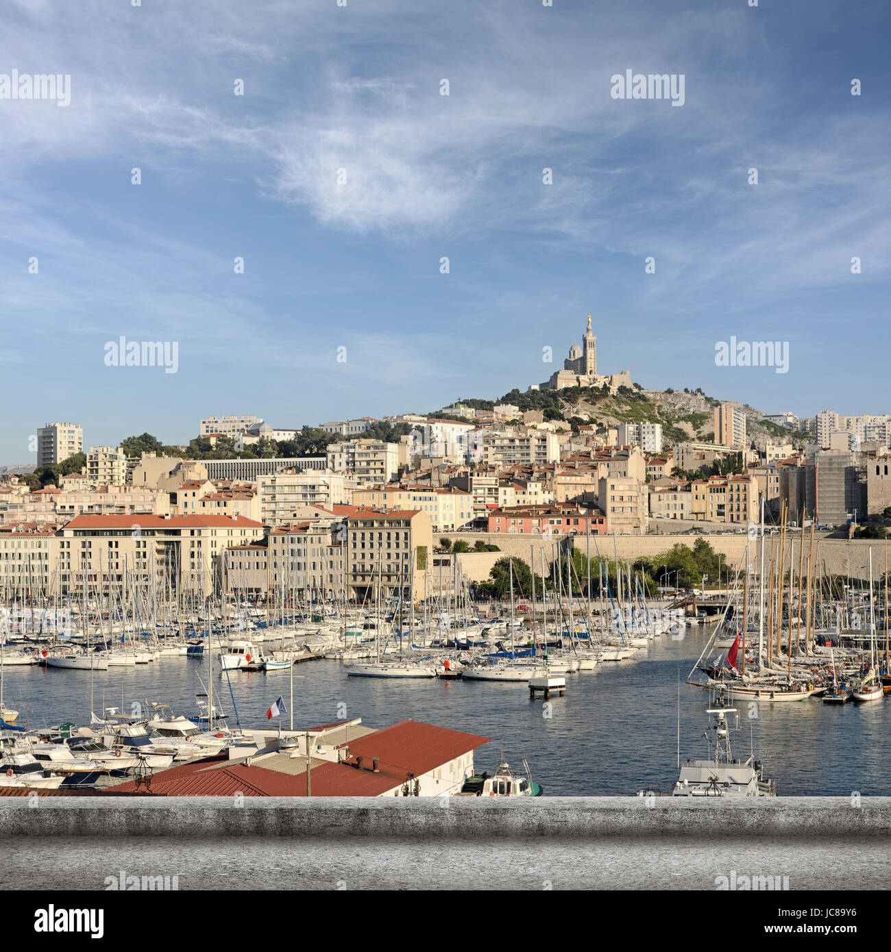 Marseille cityscape with famous landmark Notre Dame de la Garde church ...