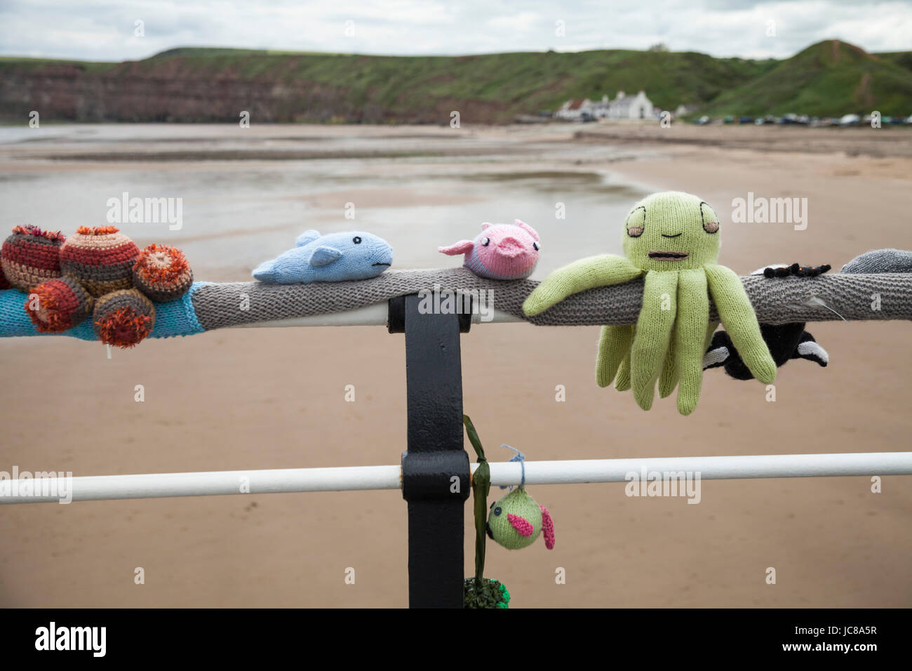 Colourful knitted sea creatures attached to the pier at Saltburn by the ...