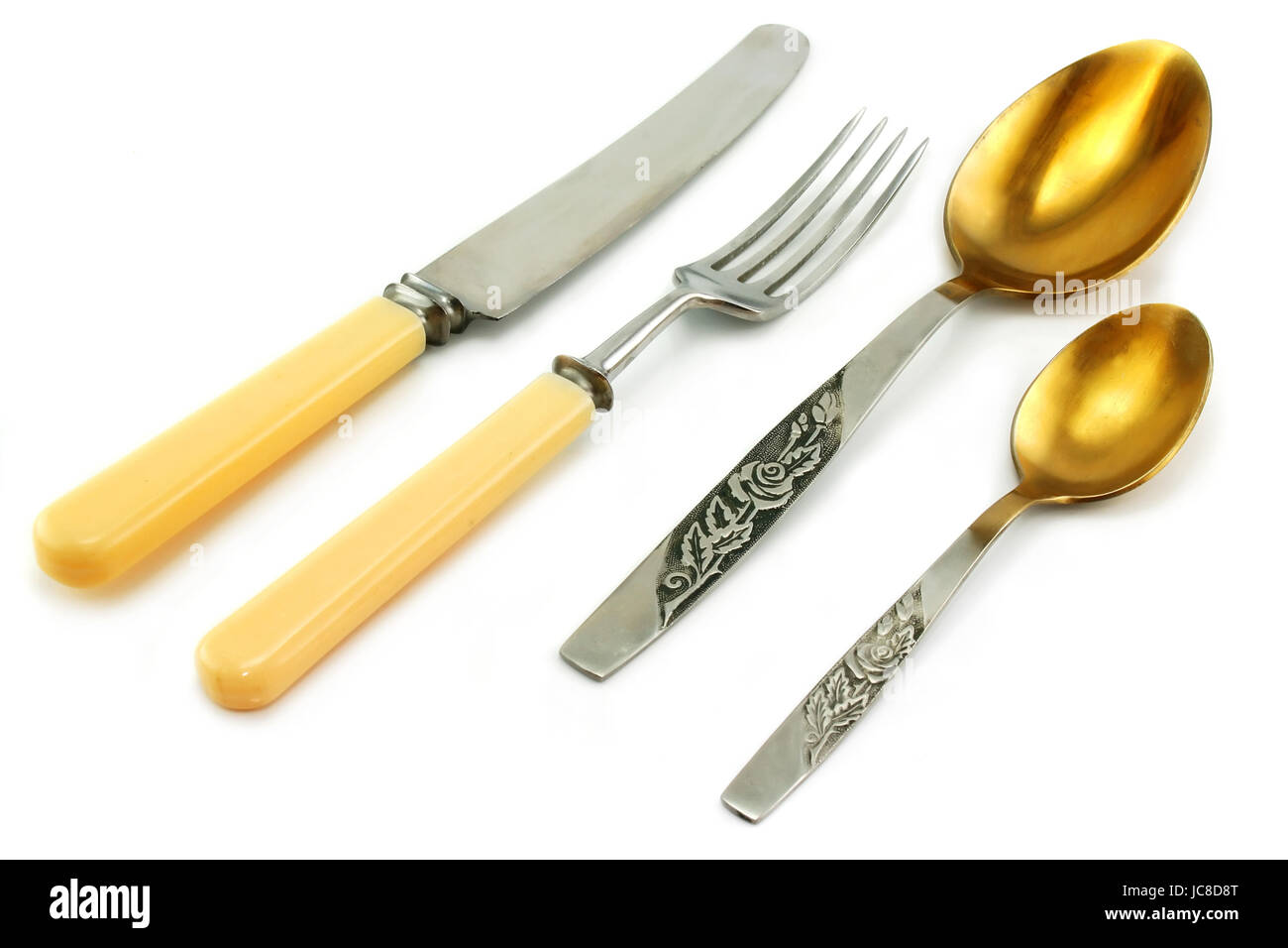 Set of silver flatware isolated on a white background Stock Photo - Alamy