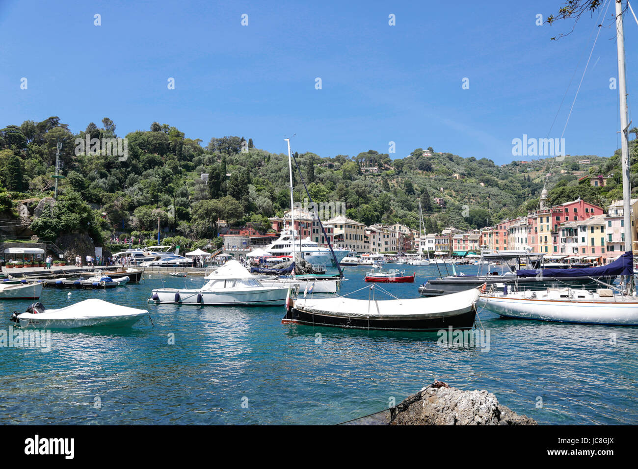 Portofino harbor with colorful and historical houses in the background ...