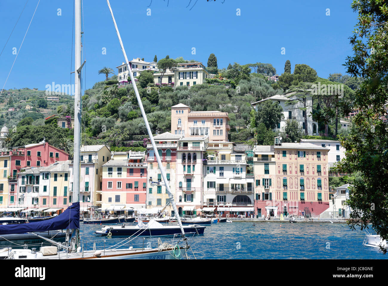 Portofino harbor with colorful and historical houses in the background ...
