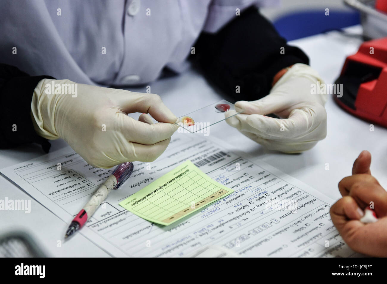 Bangkok, Thailand. 14th June, 2017. A medical staff worker does blood ...
