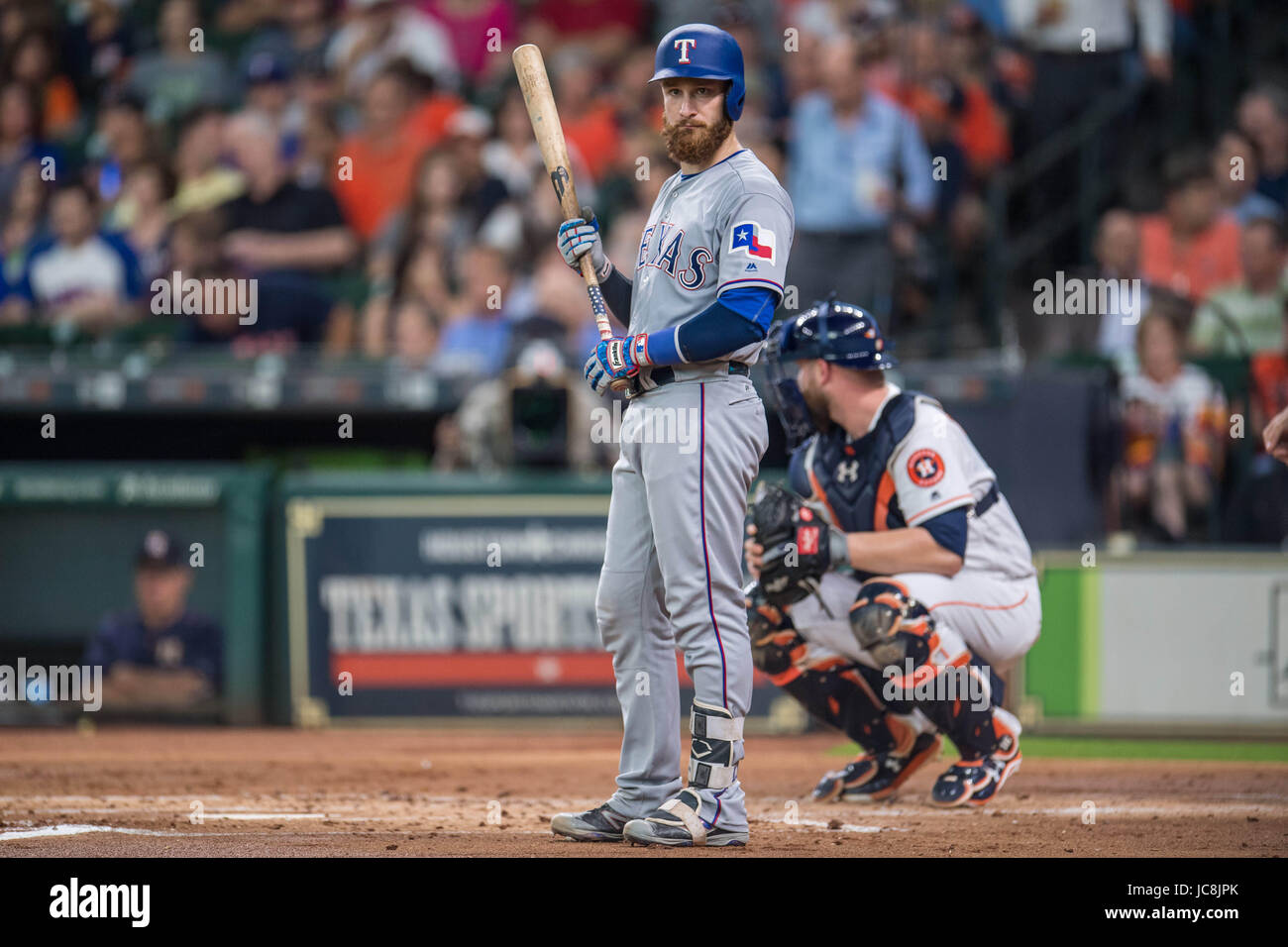 Houston, TX, USA. 13th June, 2017. Texas Rangers catcher Jonathan ...