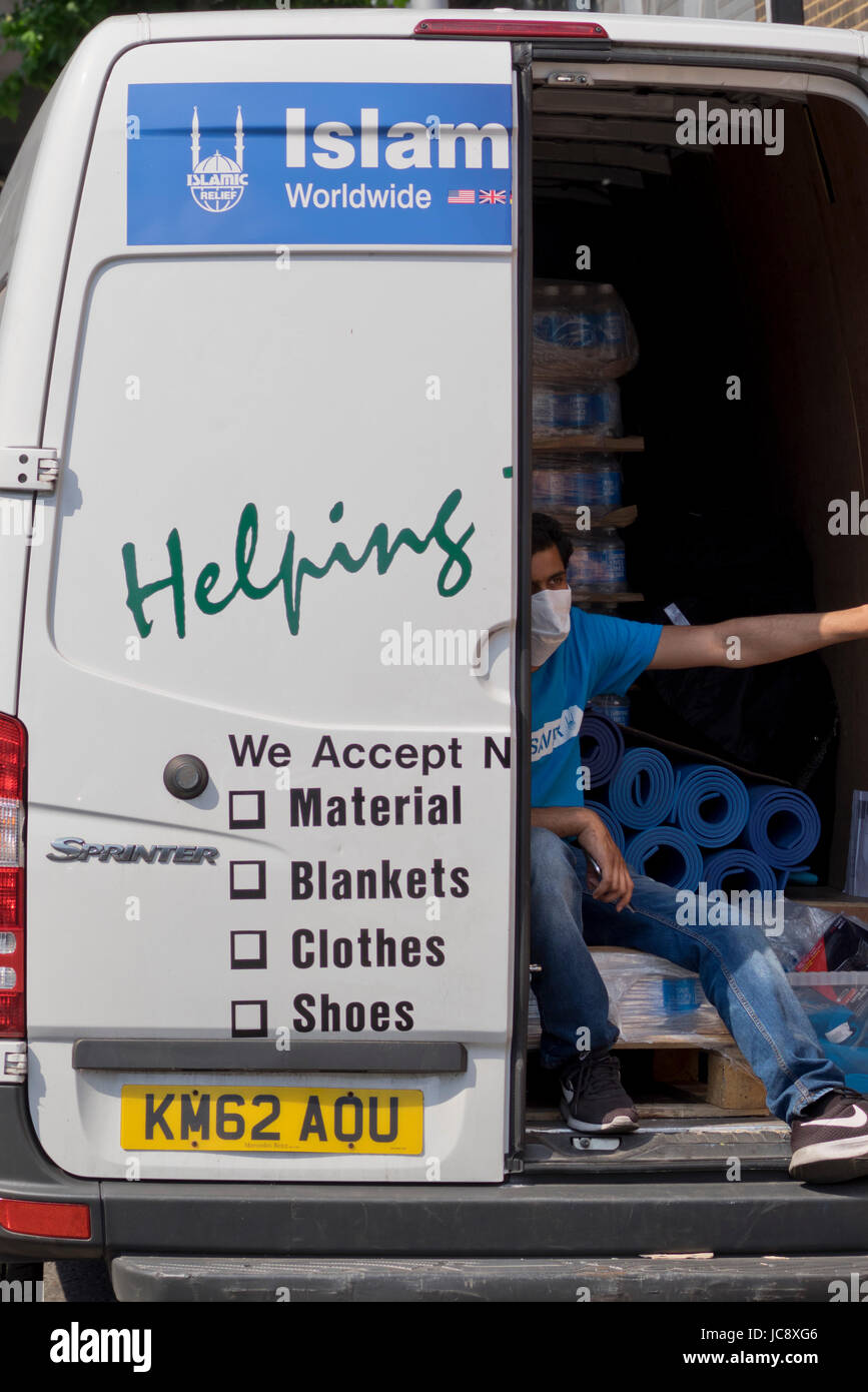 London, UK. 14th June, 2017. Islamic Relief assistance van outside the ...