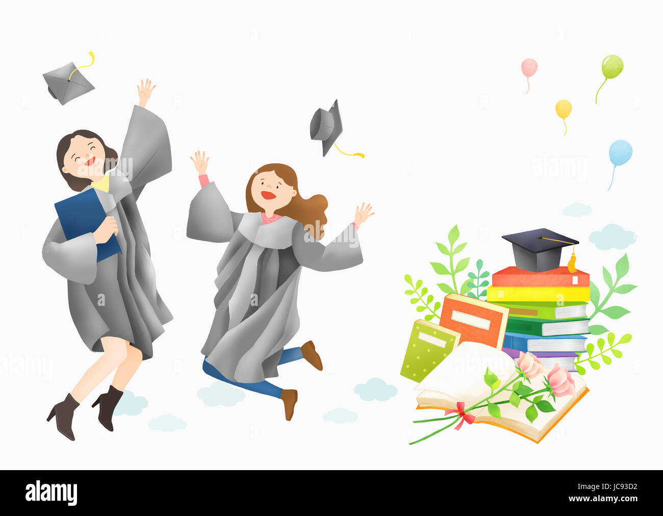 Two female graduates jumping Stock Photo - Alamy