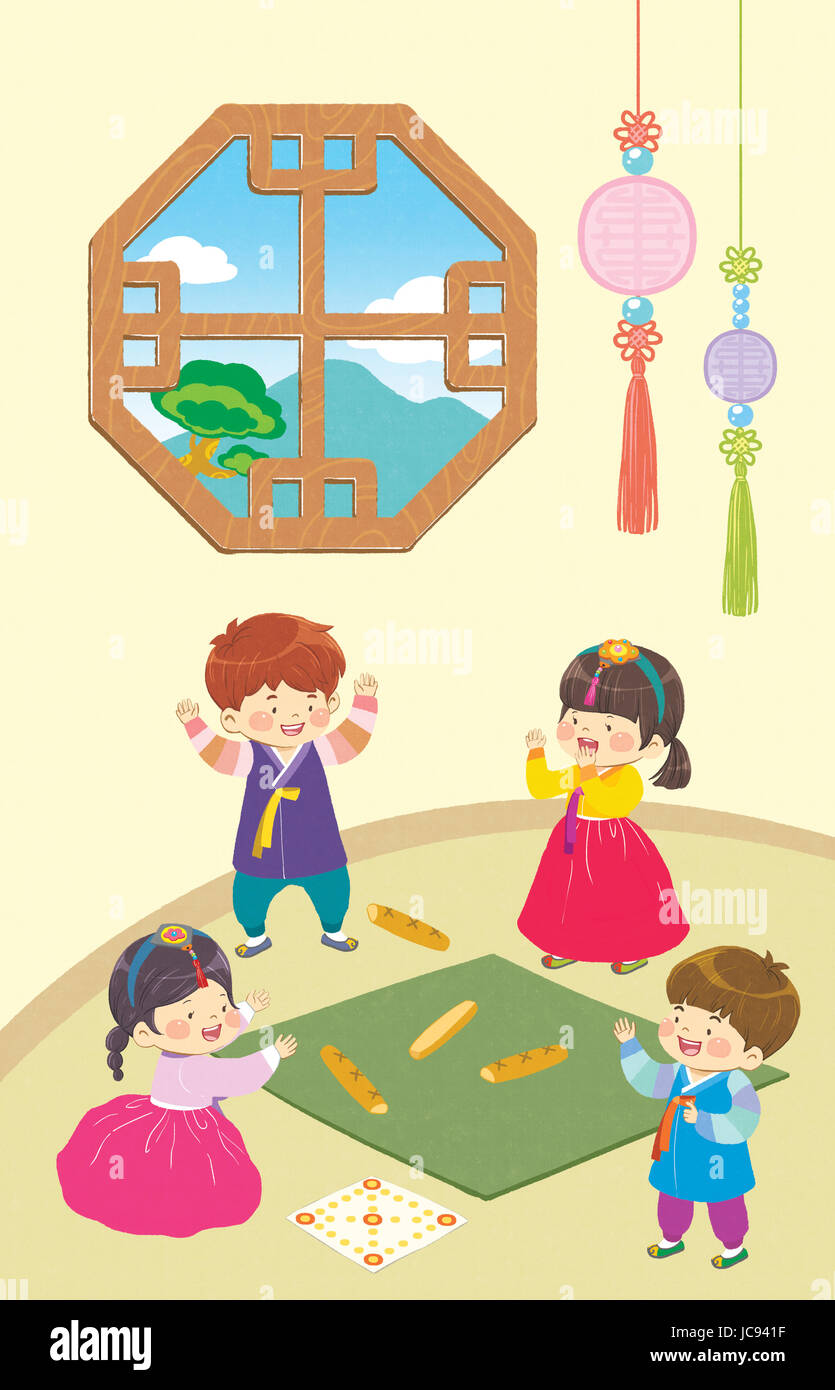 Smiling Korean children playing yut Stock Photo - Alamy