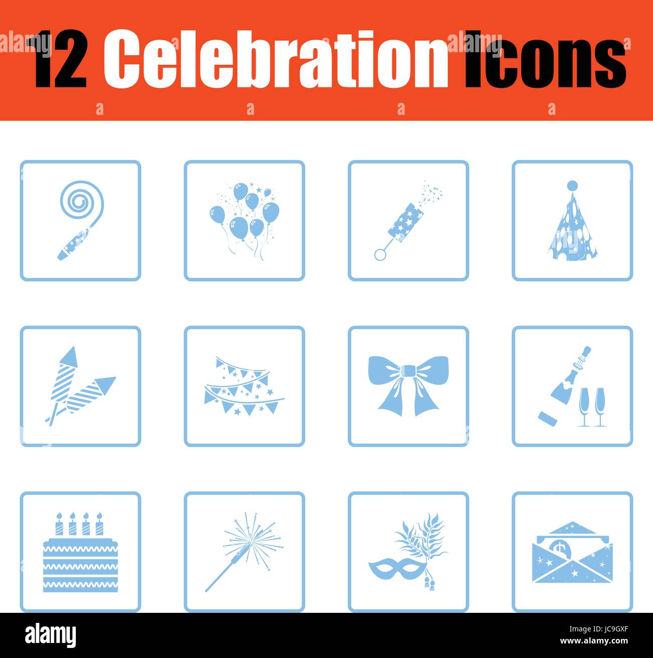 Set of celebration icons. Blue frame design. Vector illustration Stock ...