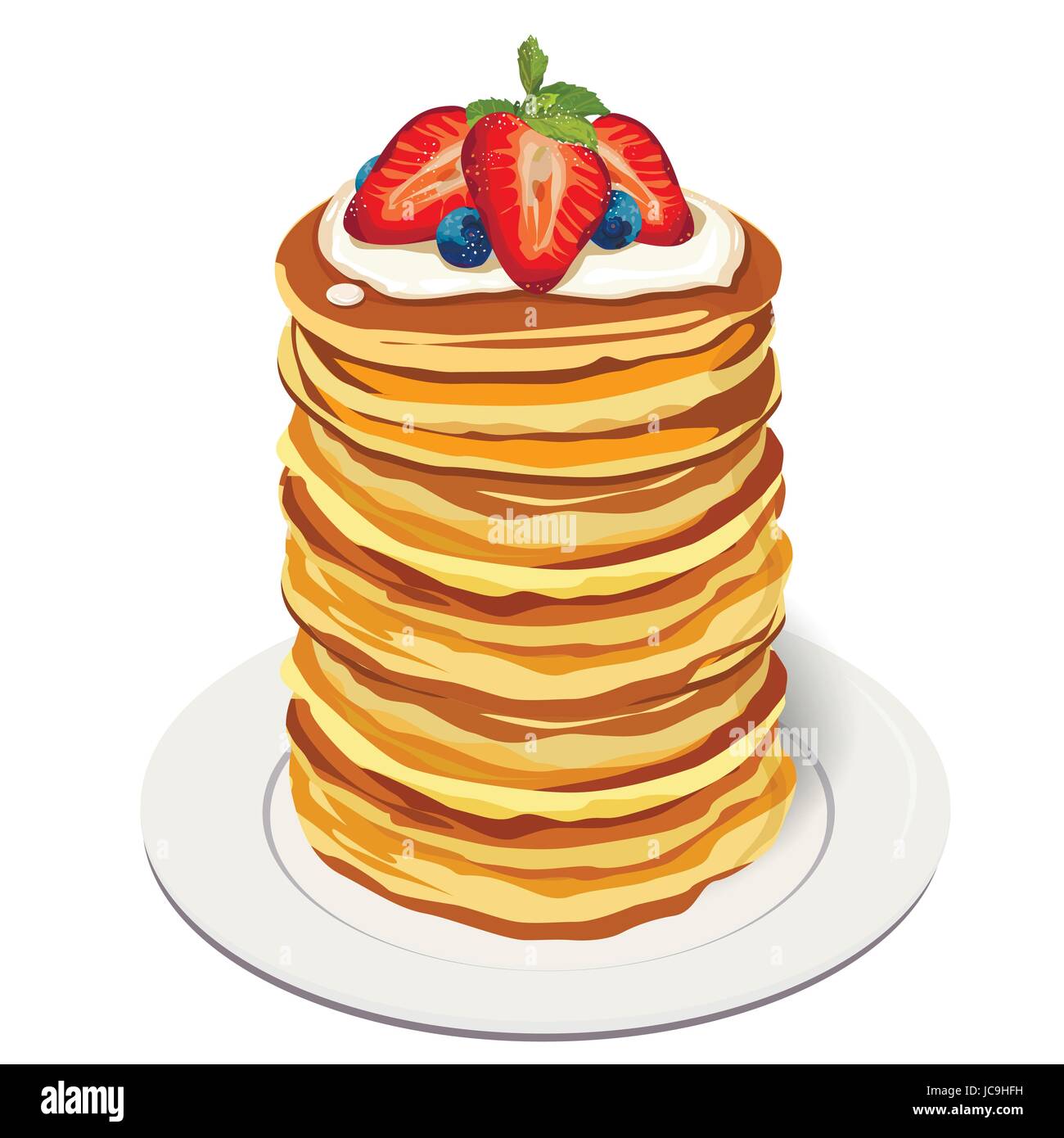 Stack delicious pancakes: strawberry blueberry berries whipped cream sauce, mint leaf, sugar ...