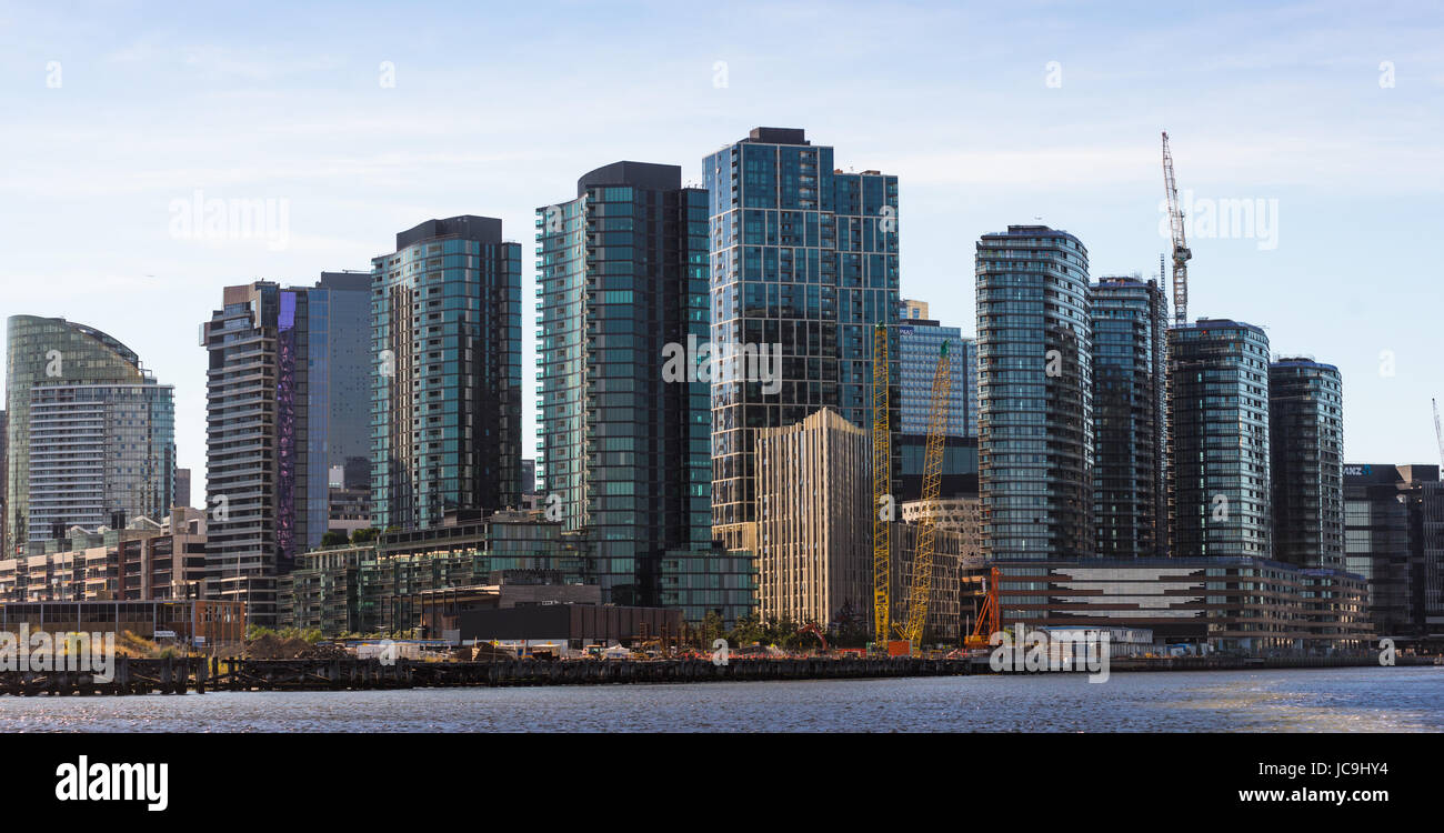 Modern buildings springing up in Melbourne city. Seen from Yarra river ...
