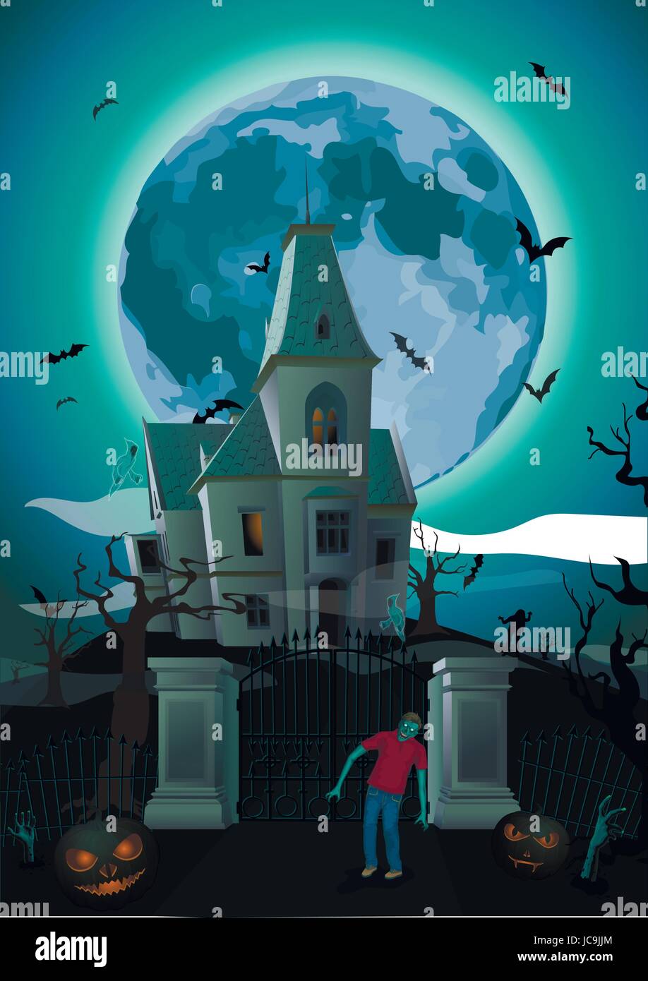 Halloween night: moon beautiful castle, chateau zombie zombi gate ...