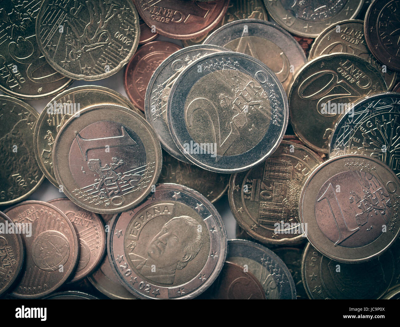 Vintage looking Many Euro coins currency of the European Union useful ...