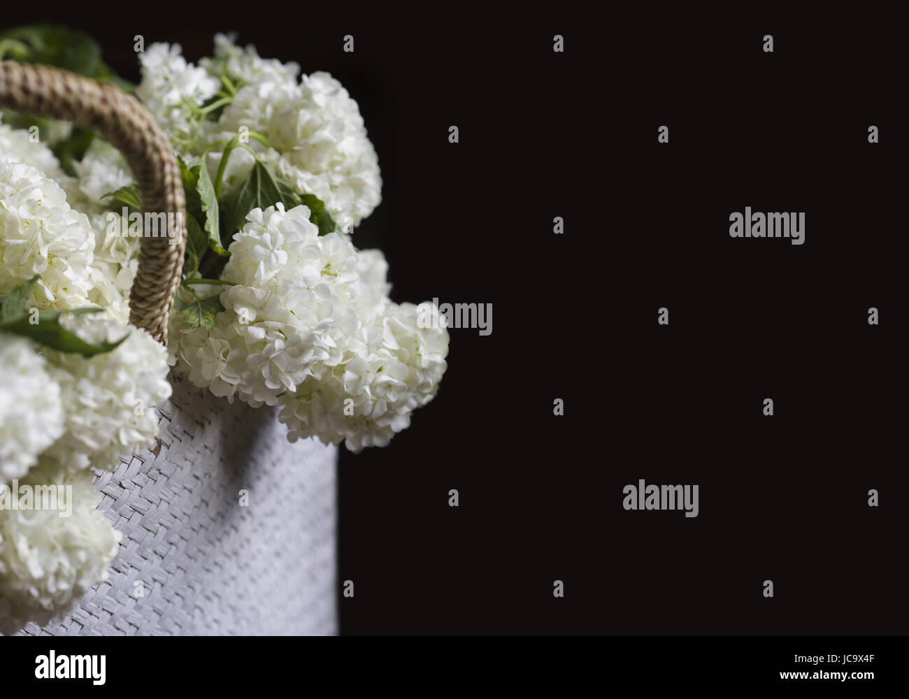 side view closeup of wicker bag with knitted handles full of white ...