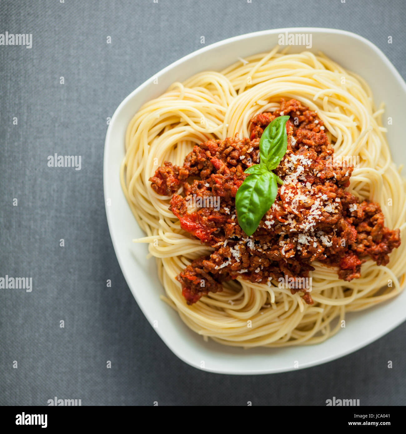 Overhead view of a large bowl of traditional Italian spaghetti pasta ...