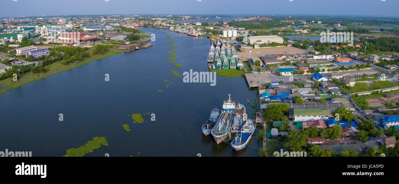 aerial view of tha chin river samuth sakorn province outskirt of ...