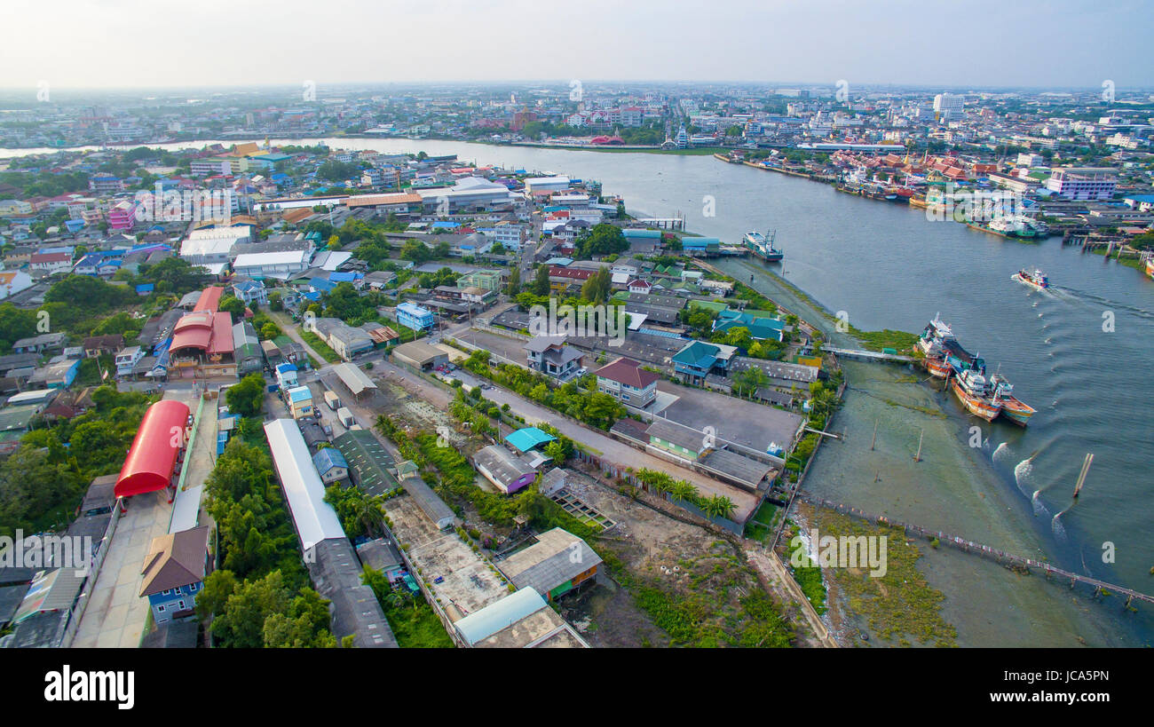 aerial view of tha chin river in mahachai samtuhsakorn outskirt of ...