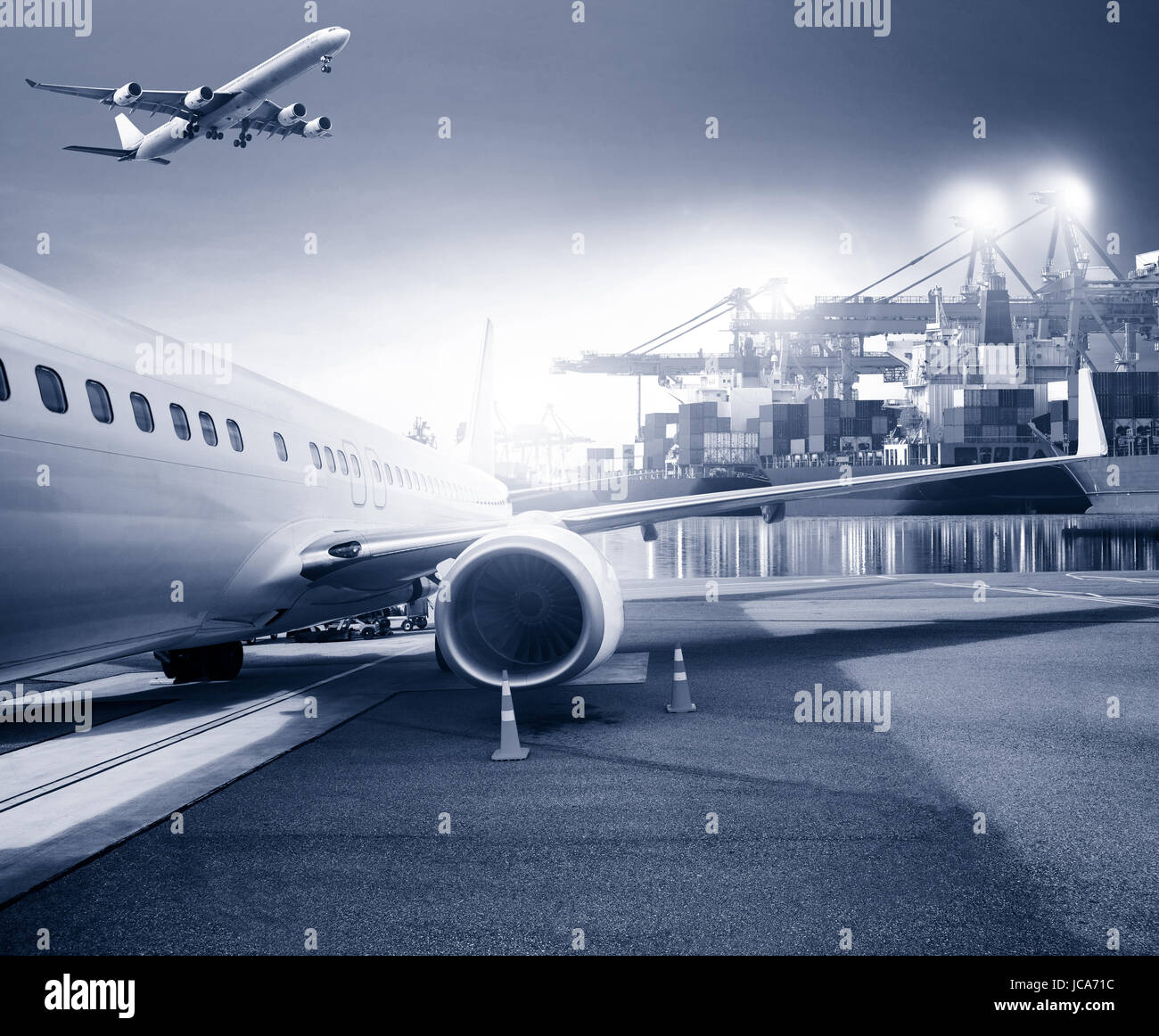 freight cargo plane in airport and container shipping port background ...