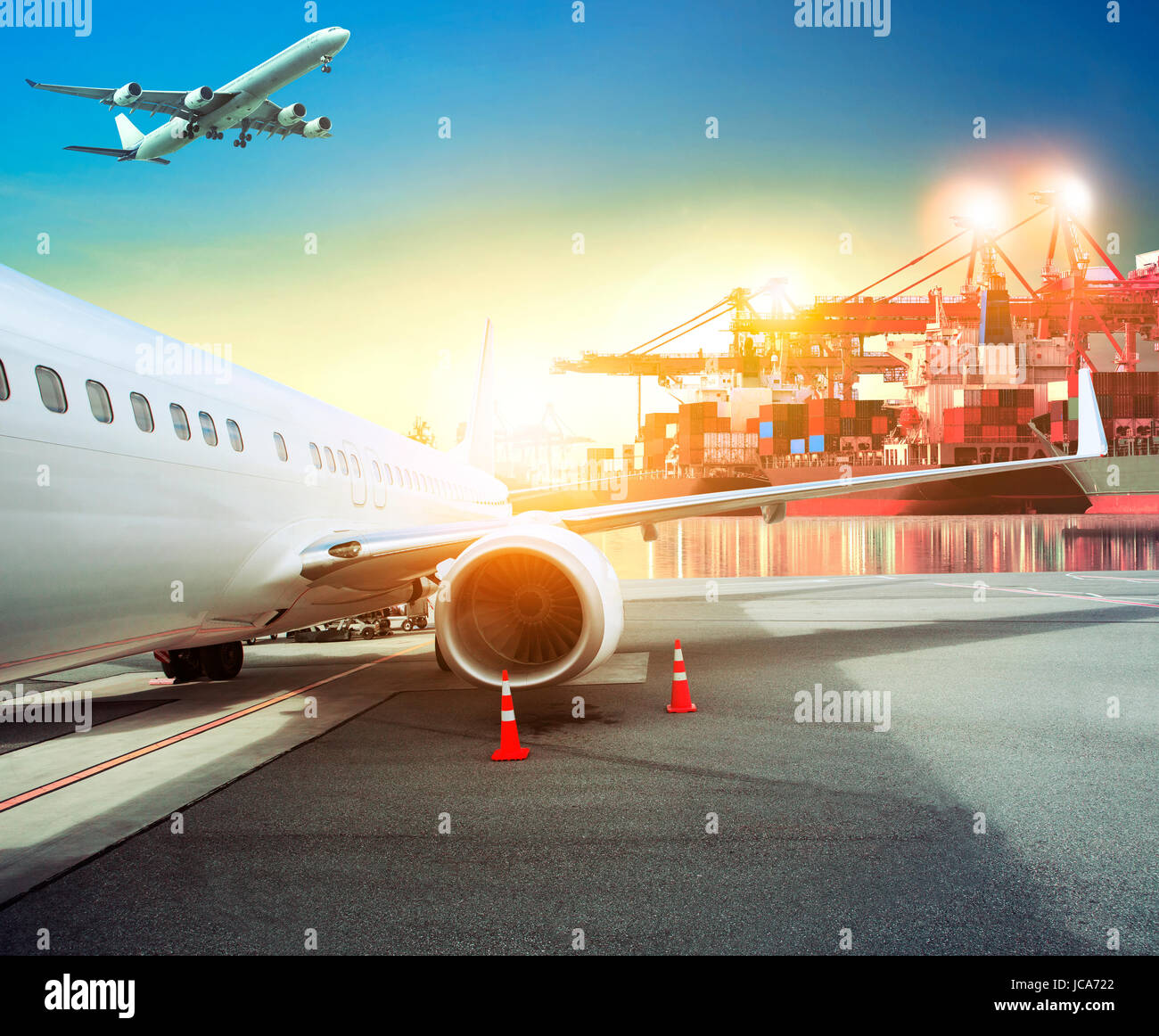 freight cargo plane in airport and container shipping port background ...