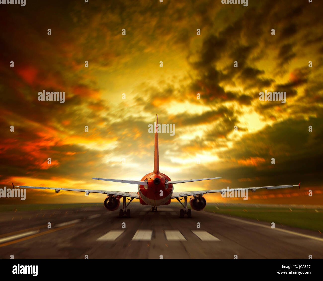 air plane taking off from airport runway Stock Photo - Alamy