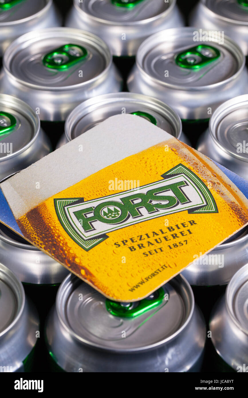 Forst, Italy - January 11,2015: Beermat from Forst beer on the cans ...