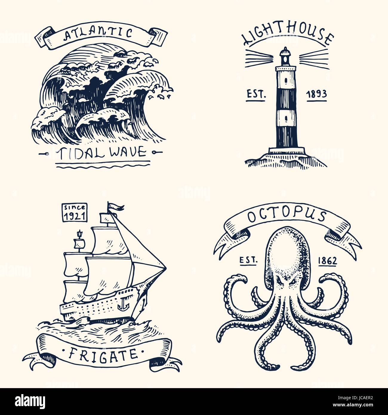 set of engraved vintage, hand drawn, old, labels or badges for atlantic ...