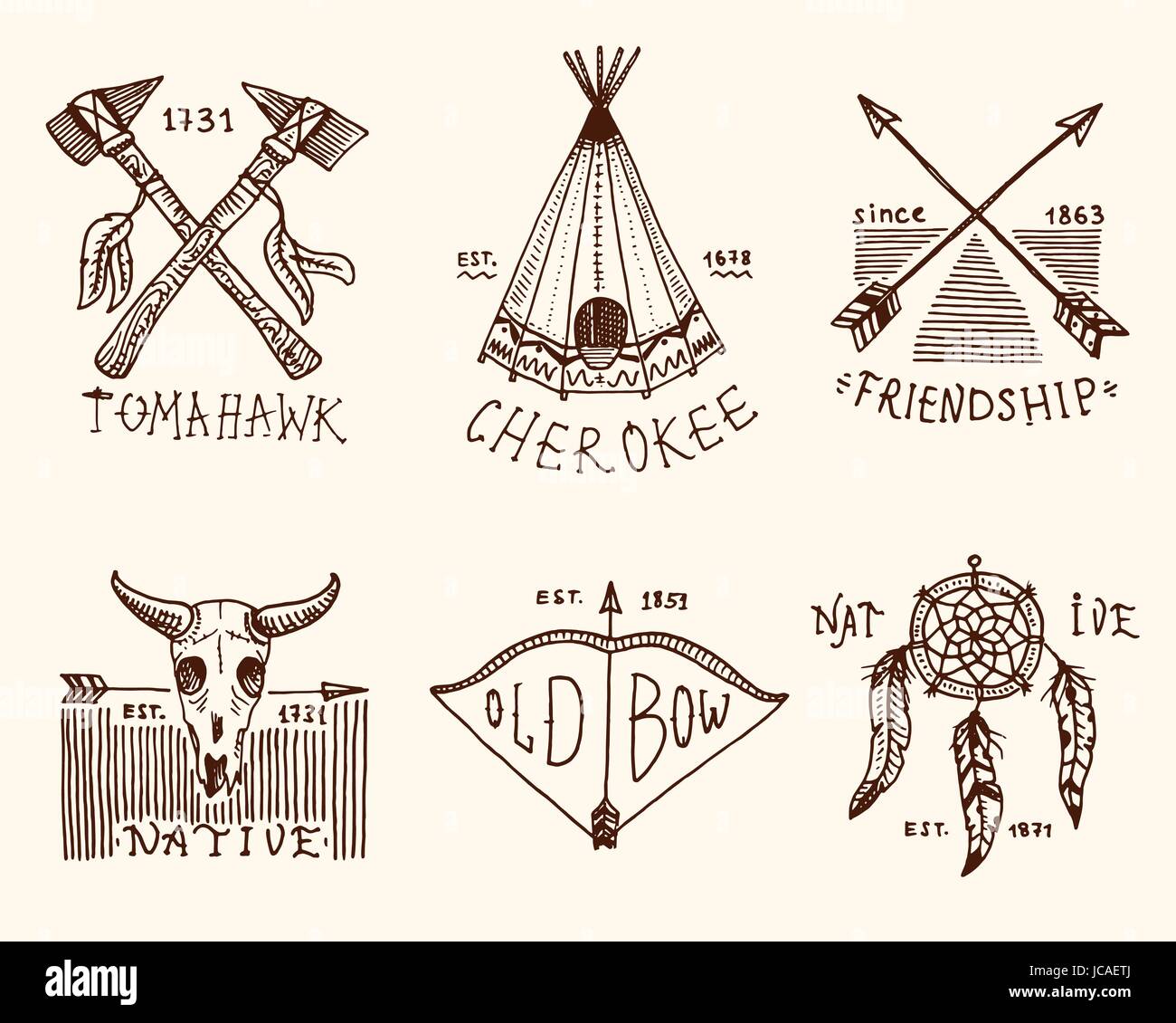 set of engraved vintage, hand drawn, old, labels or badges for indian ...